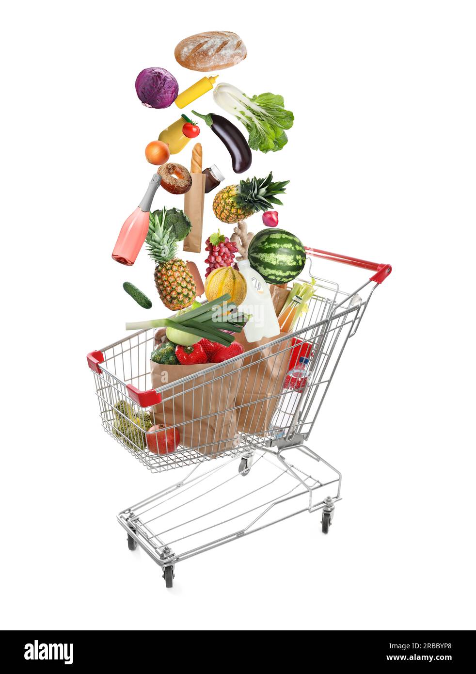 Market assortment. Different products falling into shopping cart on ...