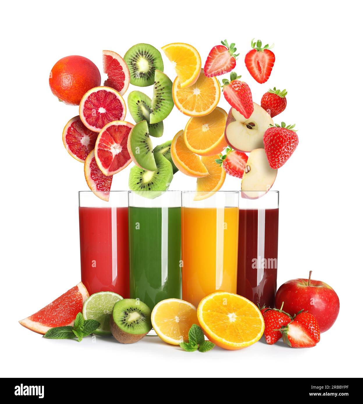 Different types of juices and fresh fruits on white background Stock ...