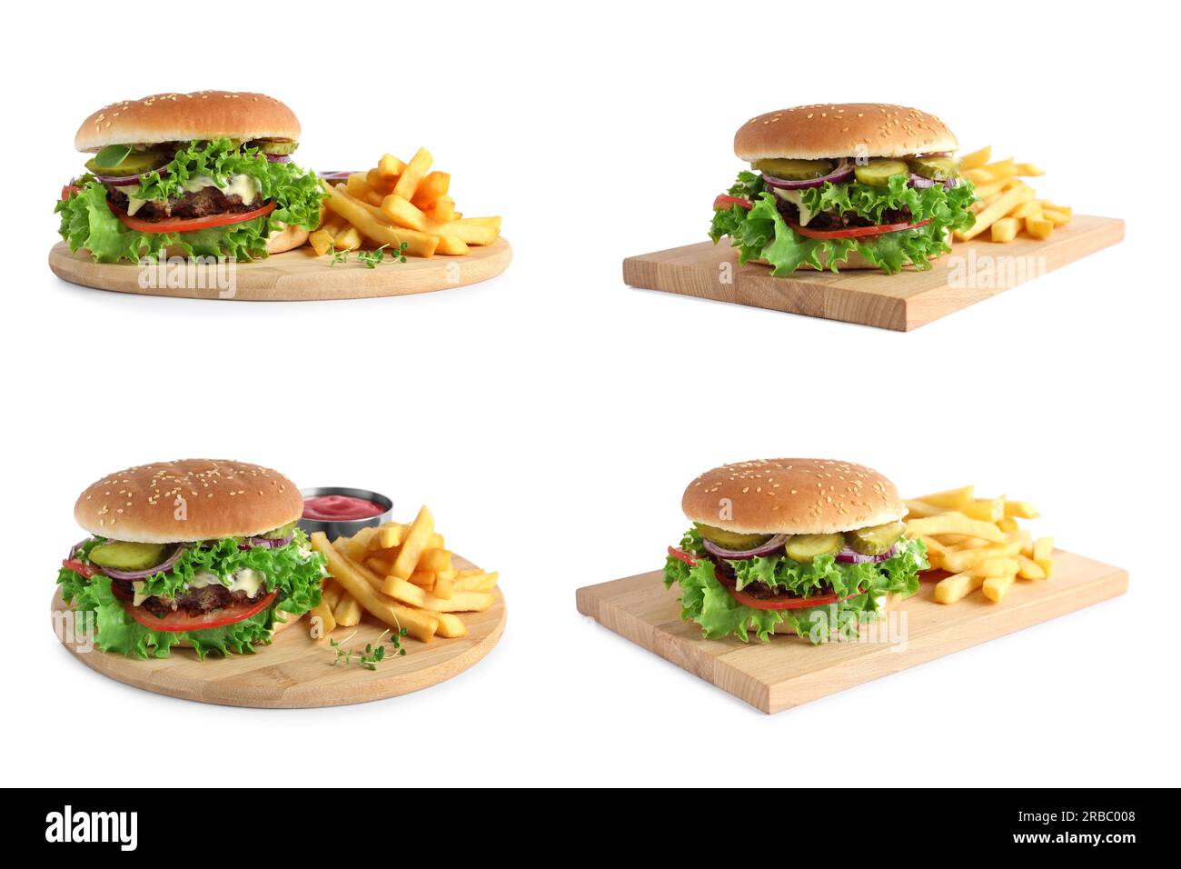 Collage with delicious burgers and French fries on white background ...