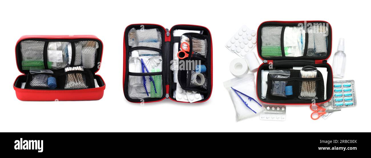 Collage with first aid kit on white background, top and side views ...