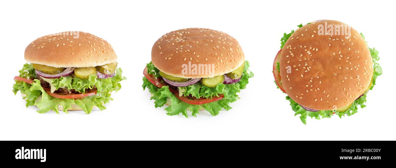 Collage with delicious burger on white background, top and side views ...