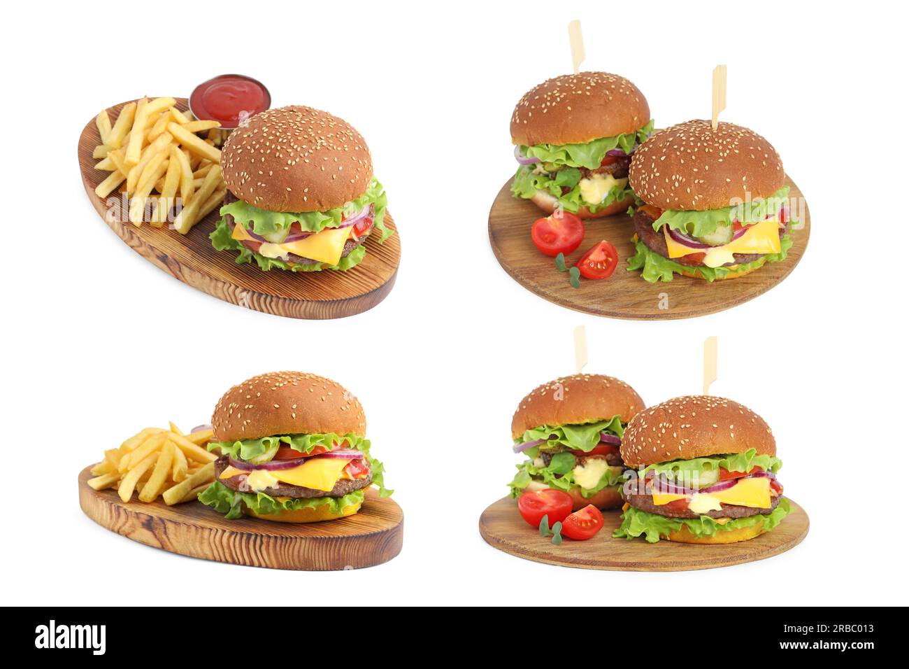 Collage with delicious burgers on white background Stock Photo - Alamy