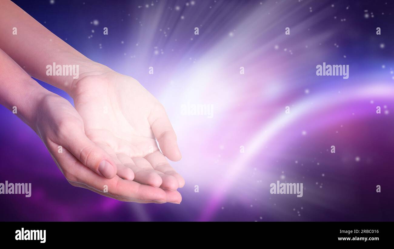 Aura phenomena. Woman with flows of energy coming out from her hands ...