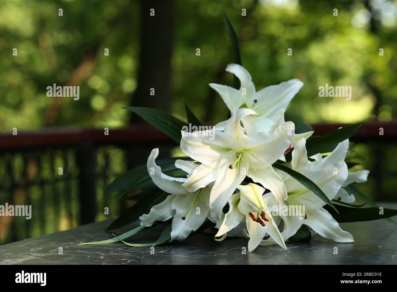 White lilies on tombstone at cemetery outdoors. Funeral ceremony Stock ...