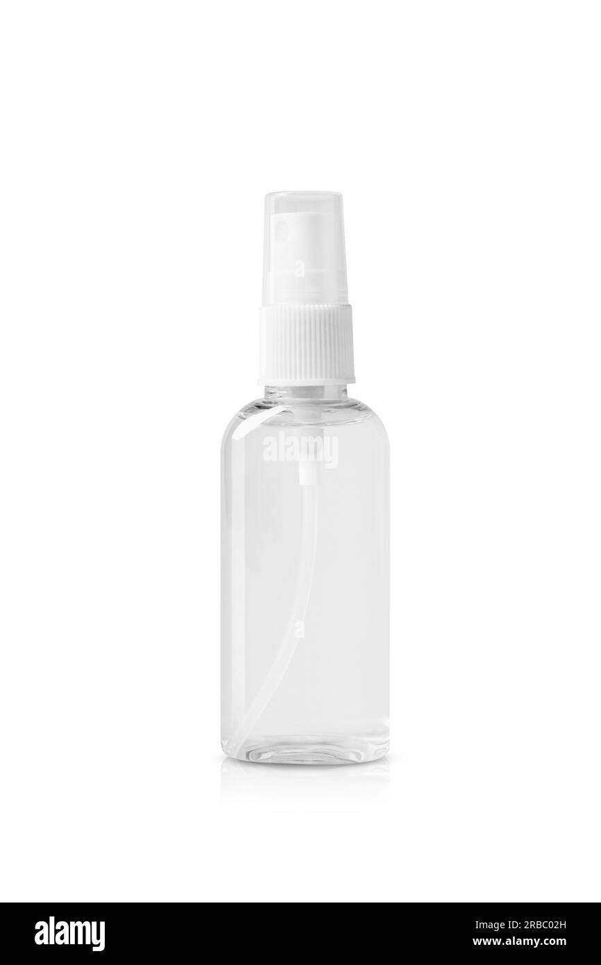 Transparent bottle with spray on white background Stock Photo - Alamy