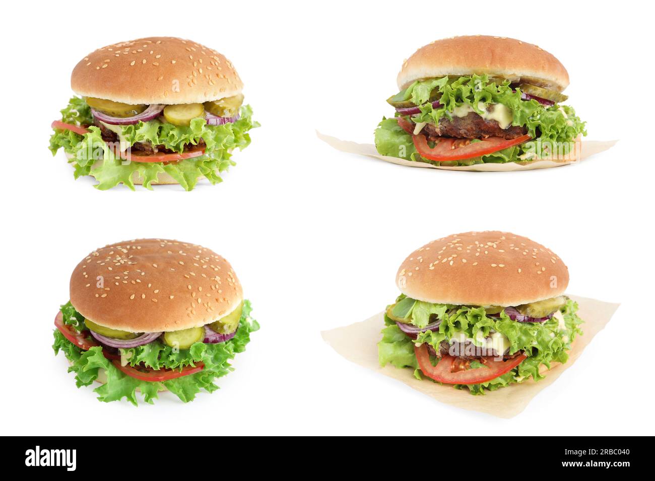 Collage with delicious burgers on white background Stock Photo - Alamy