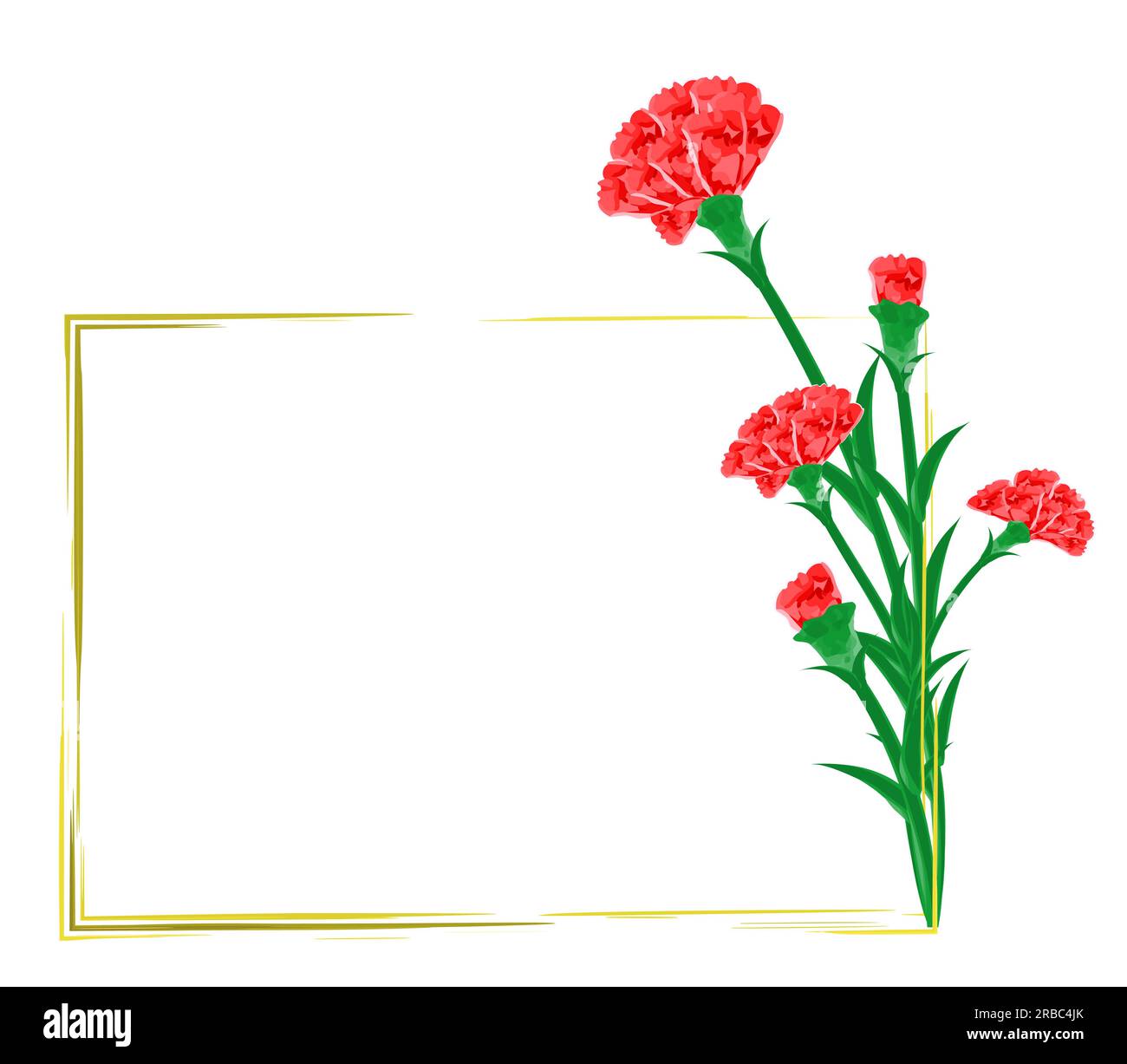 Red carnations cover horizontal golden frame. Watercolor illustration ...
