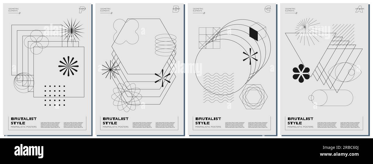 Trendy abstract brutalism poster set with black geometric shapes on ...