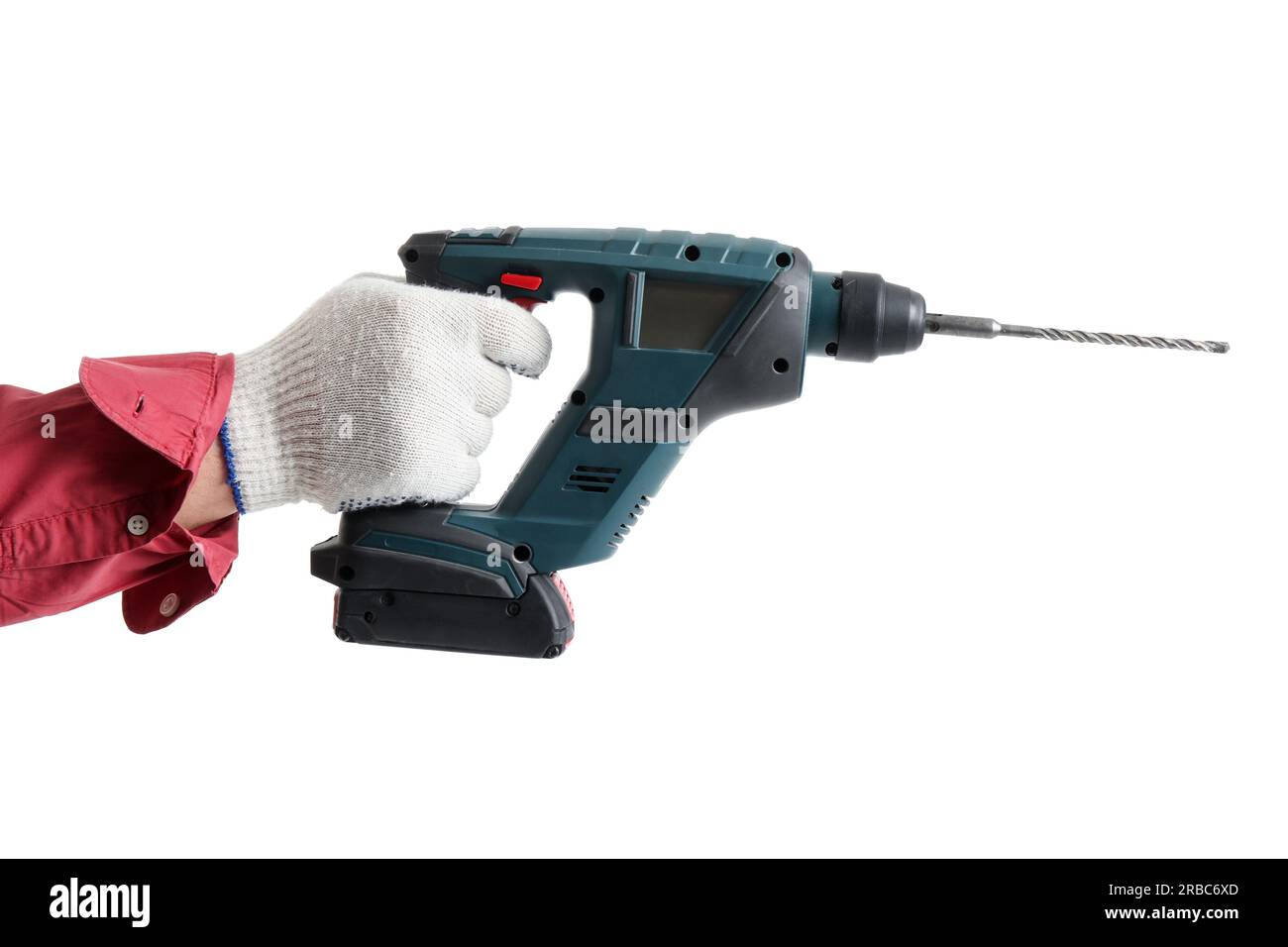 Worker with drill on white background Stock Photo - Alamy