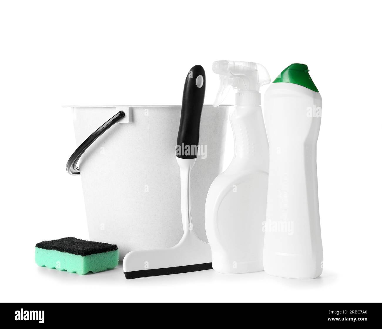 Bucket with different cleaning supplies on white background Stock Photo ...