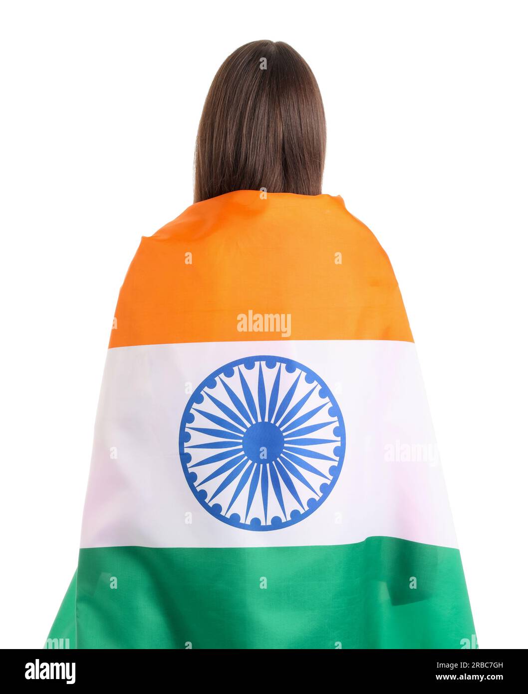 Young woman with Indian flag on white background, back view Stock Photo ...
