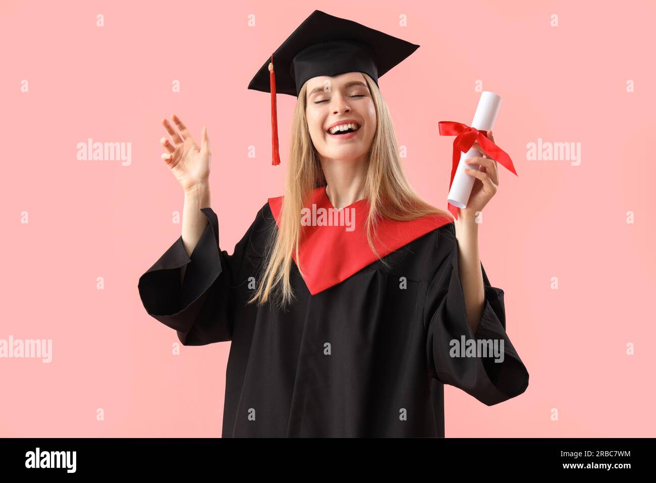 Female graduate student with diploma on pink background Stock Photo - Alamy