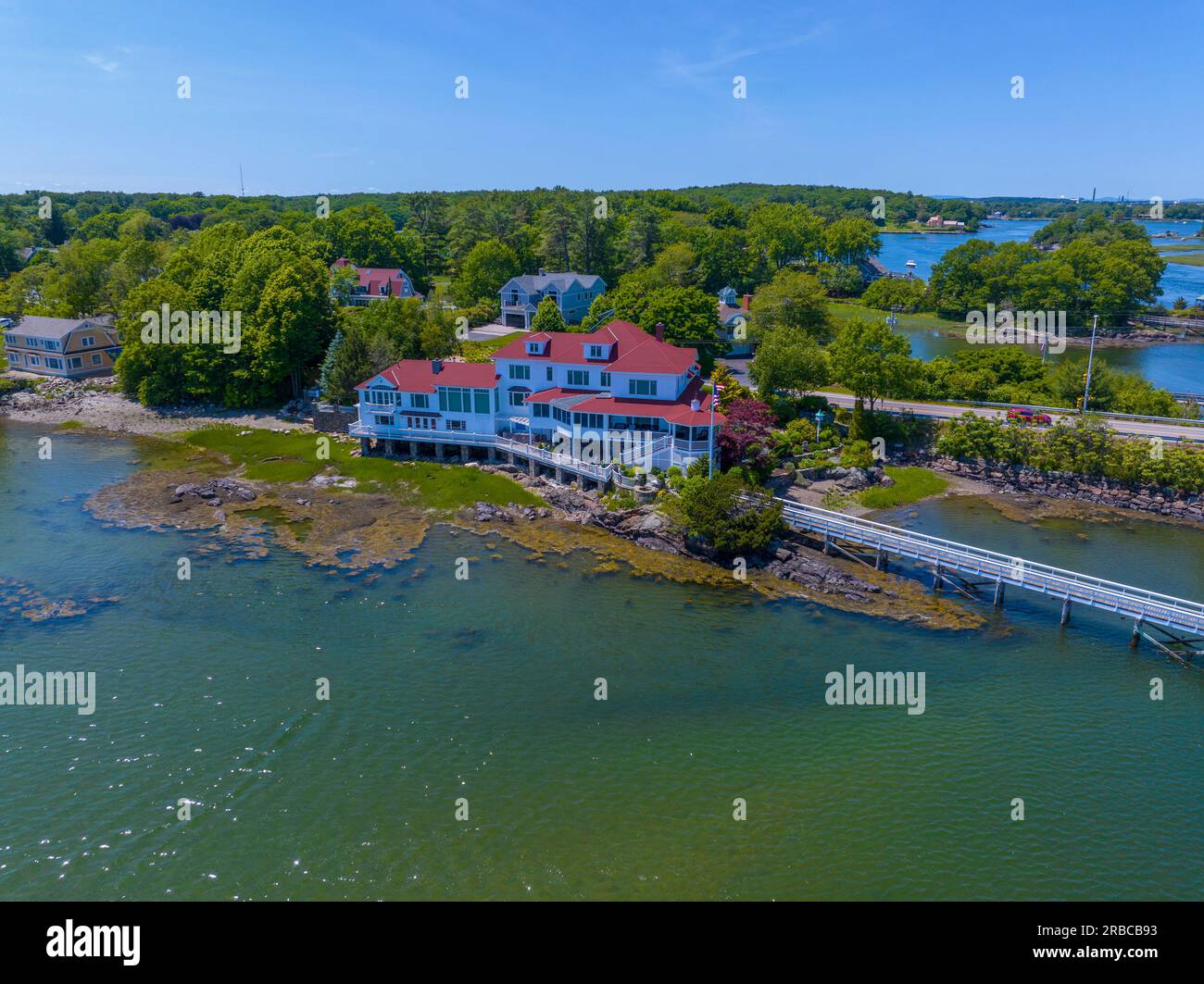 Historic waterfront house aerial view at the mouth of Piscataqua River ...