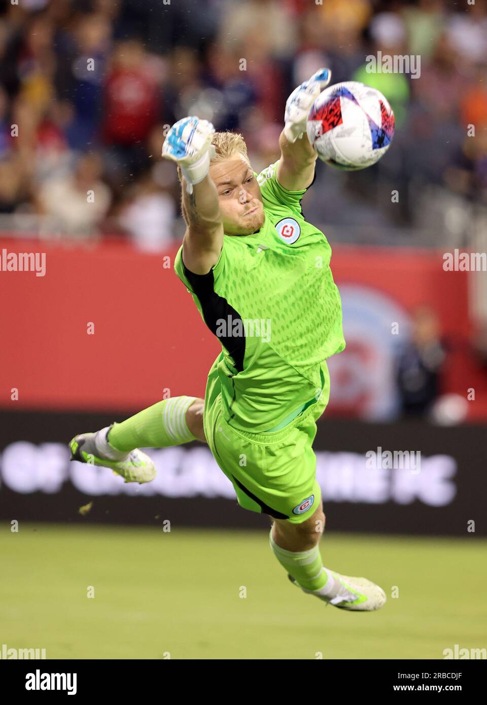 Chicago, USA, 08 July 2023. Major League Soccer (MLS) Chicago Fire FC goalkeeper Chris Brady ...