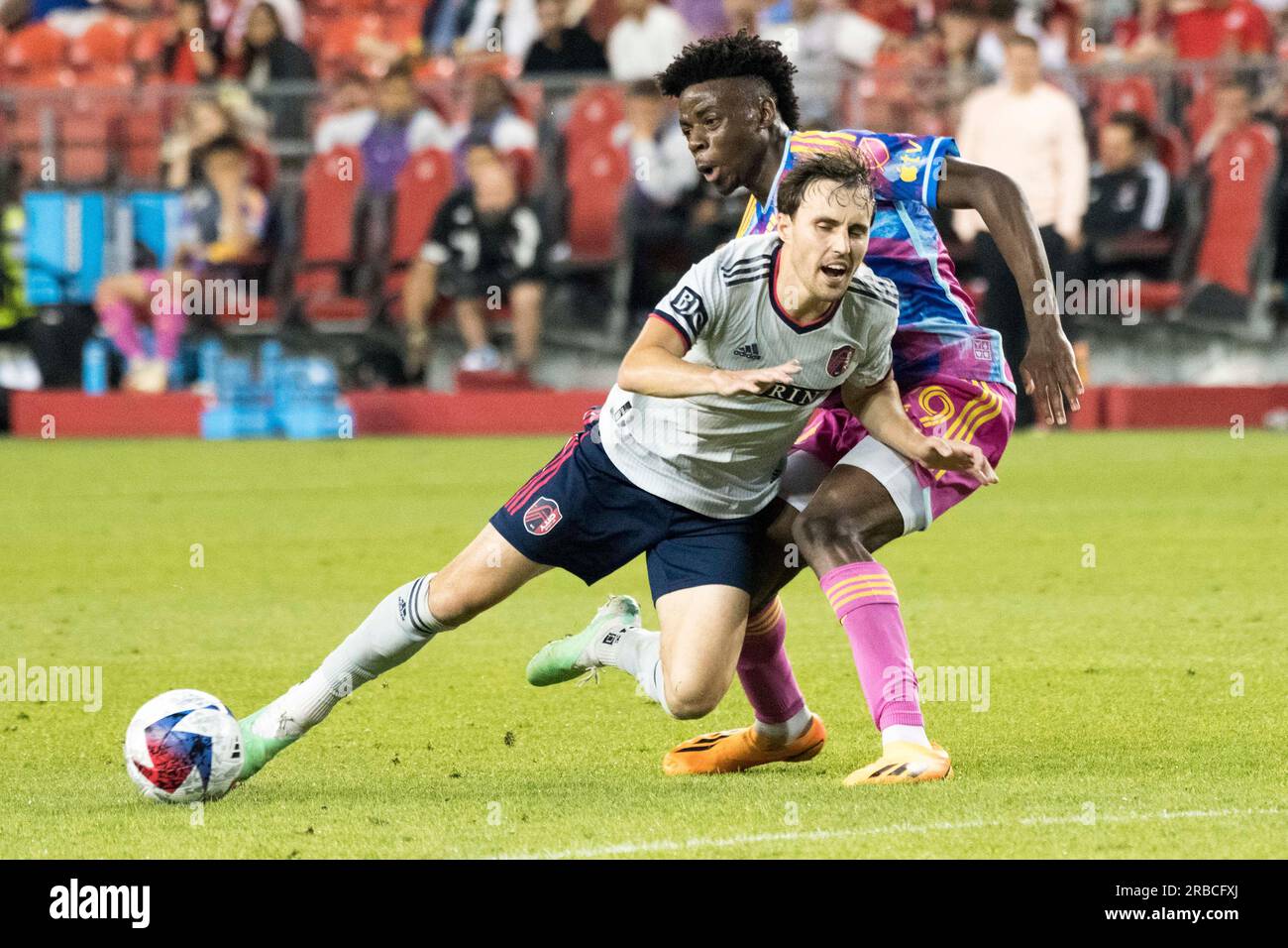 Toronto, Ontario, Canada. 8th July, 2023. Deandre Kerr #29 (R) and Jake ...