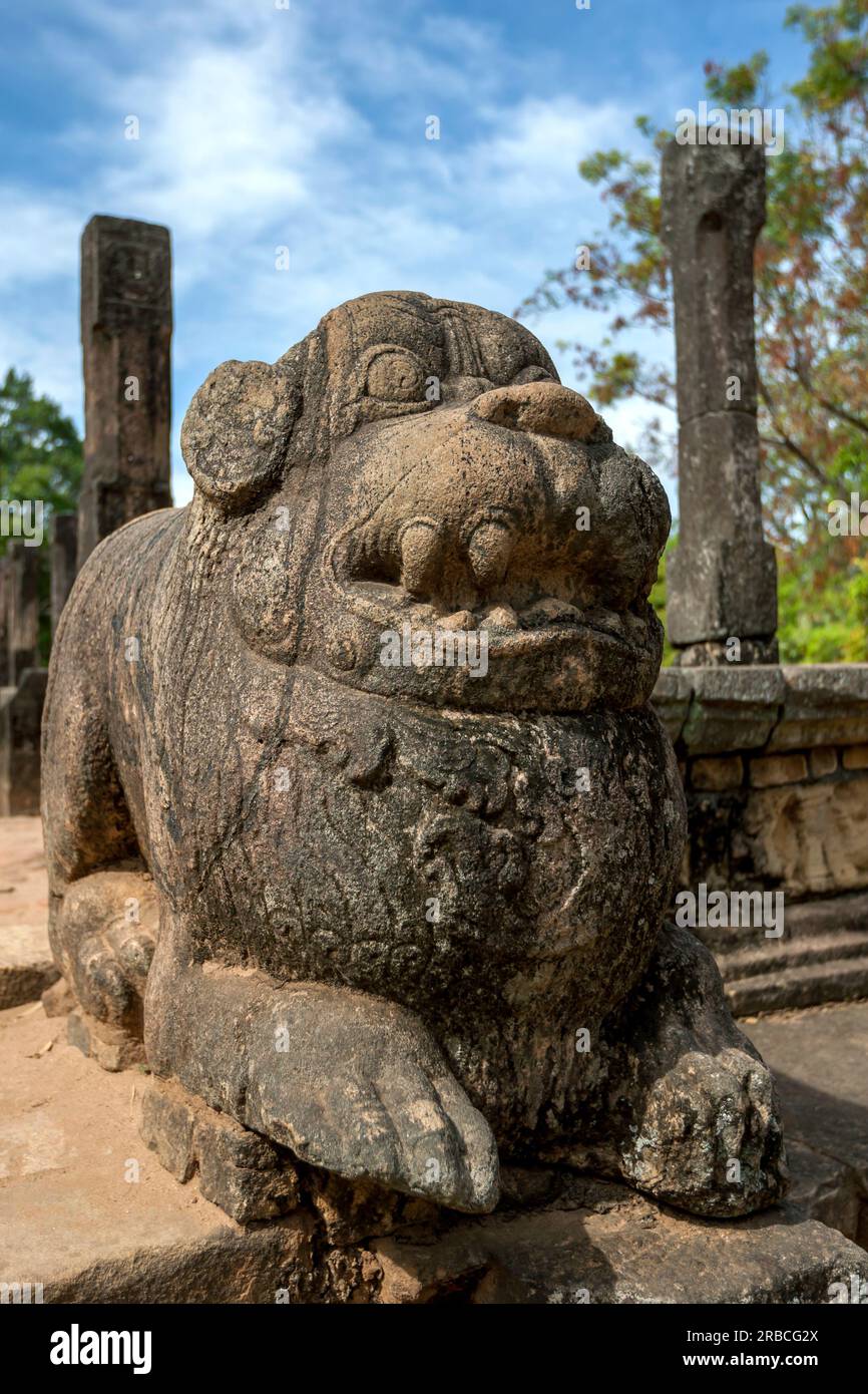 A stone carved lion statue on the stairway of the Audience Hall at the ...
