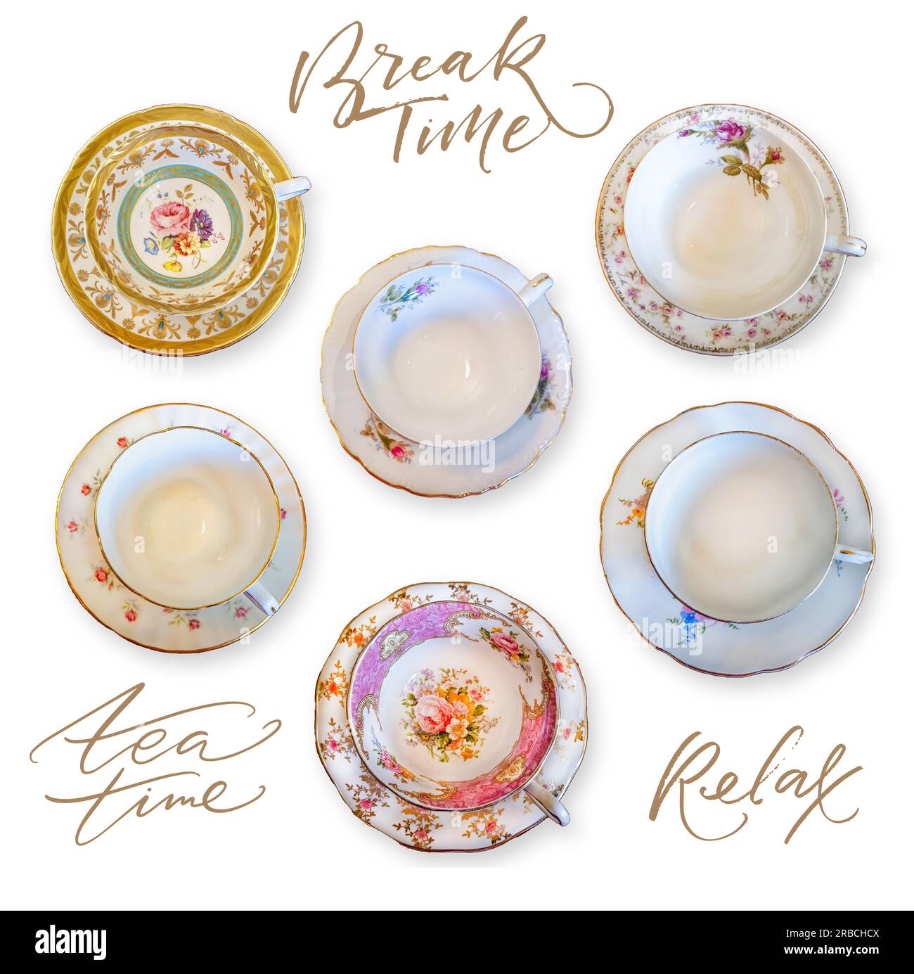 Set of various tea cups. Top view. Different ornaments. Flowers, colors ...