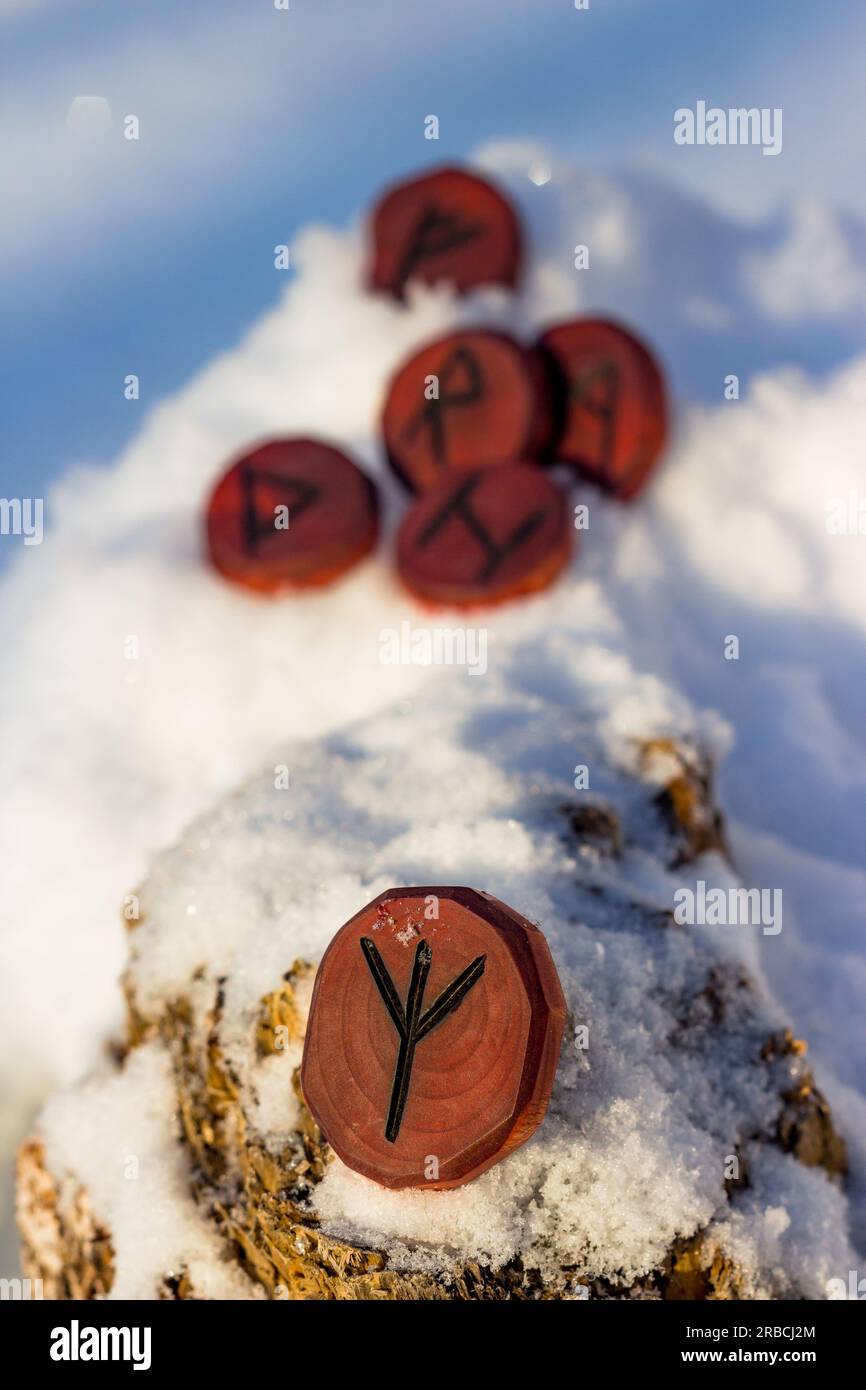 Rune inverted Algiz (Elhaz) carved from wood in the snow Stock Photo ...
