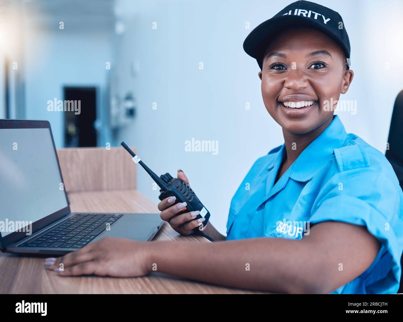 Security guard, communication and officer with smile use walkie talkie ...