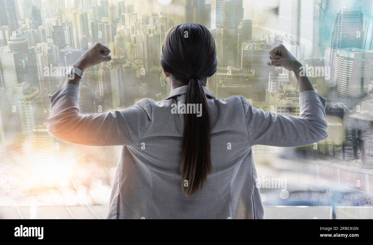 Power, overlay and business woman in a city office flexing for ...