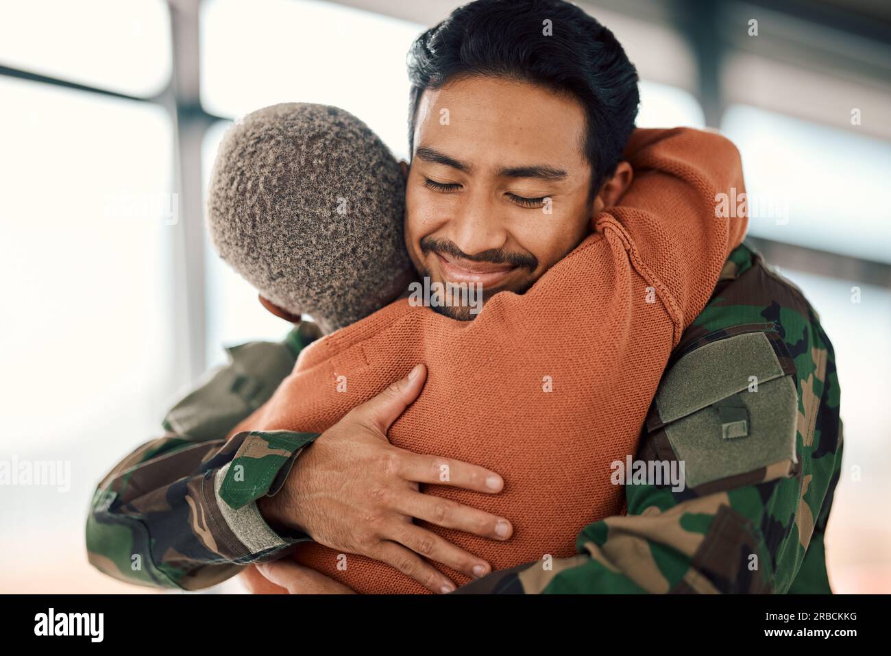 Love, hug and a man soldier with his wife in the airport after ...