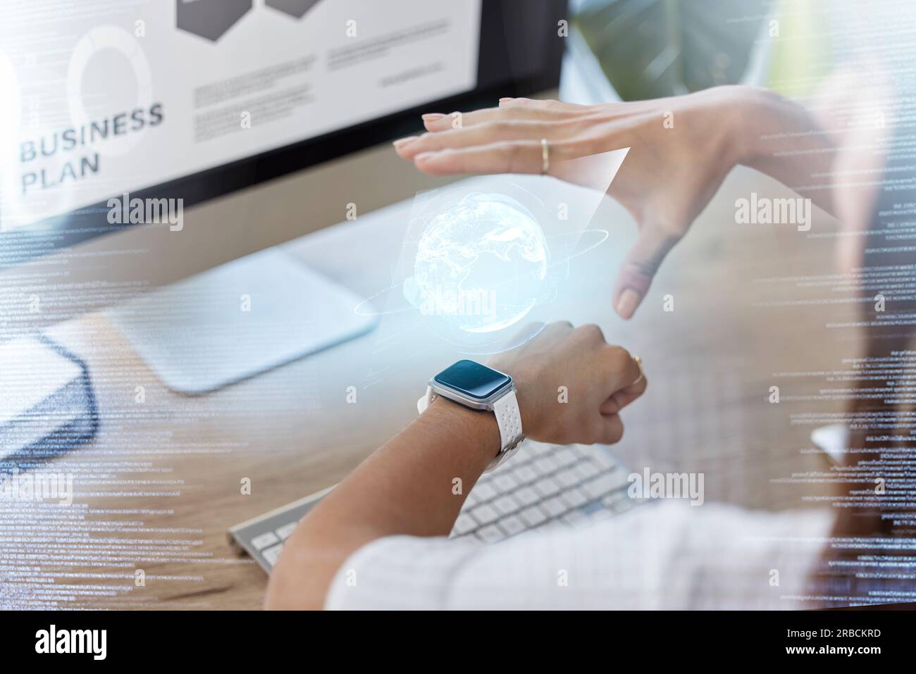 Hand, closeup and smart watch with hologram, globe and online with ...