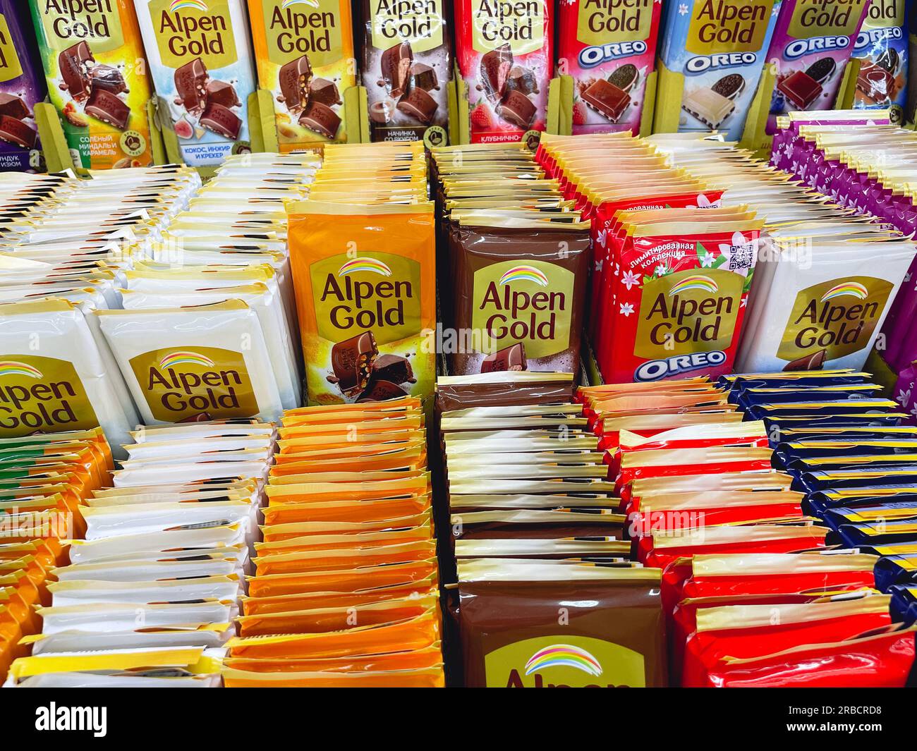 Tyumen, Russia-June 14, 2023: Counter with different types of Alpen ...