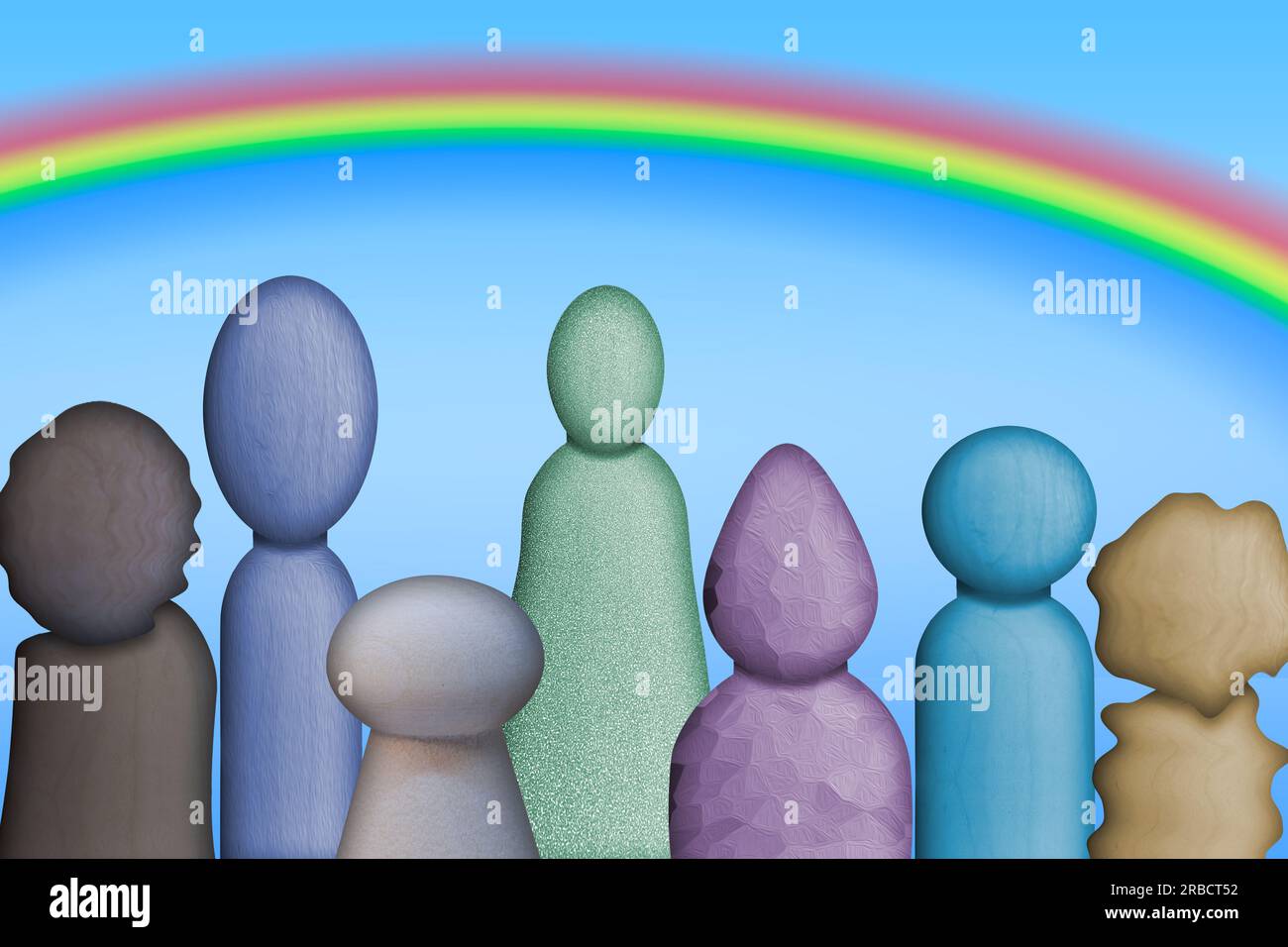 Unique and diverse looking characters standing beneath a rainbow ...