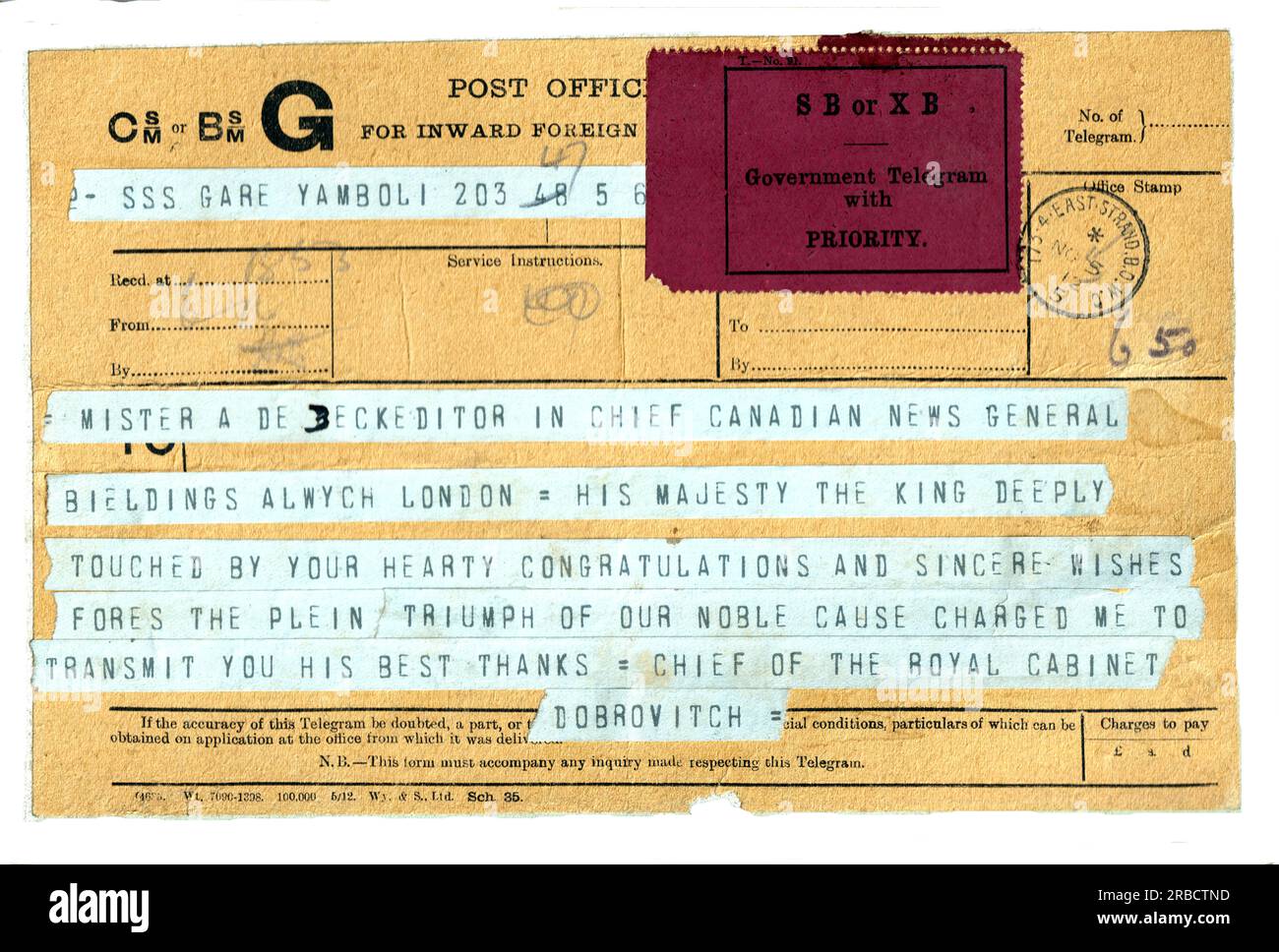 Telegram to A.M. de Beck, Editor-in-Chief of Canadian News from ...
