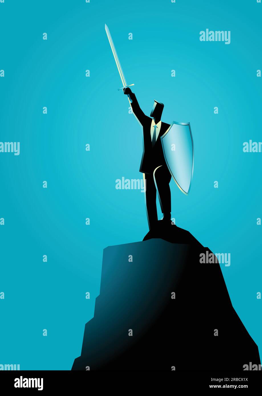 Business concept vector illustration of a businessman raising a sword ...