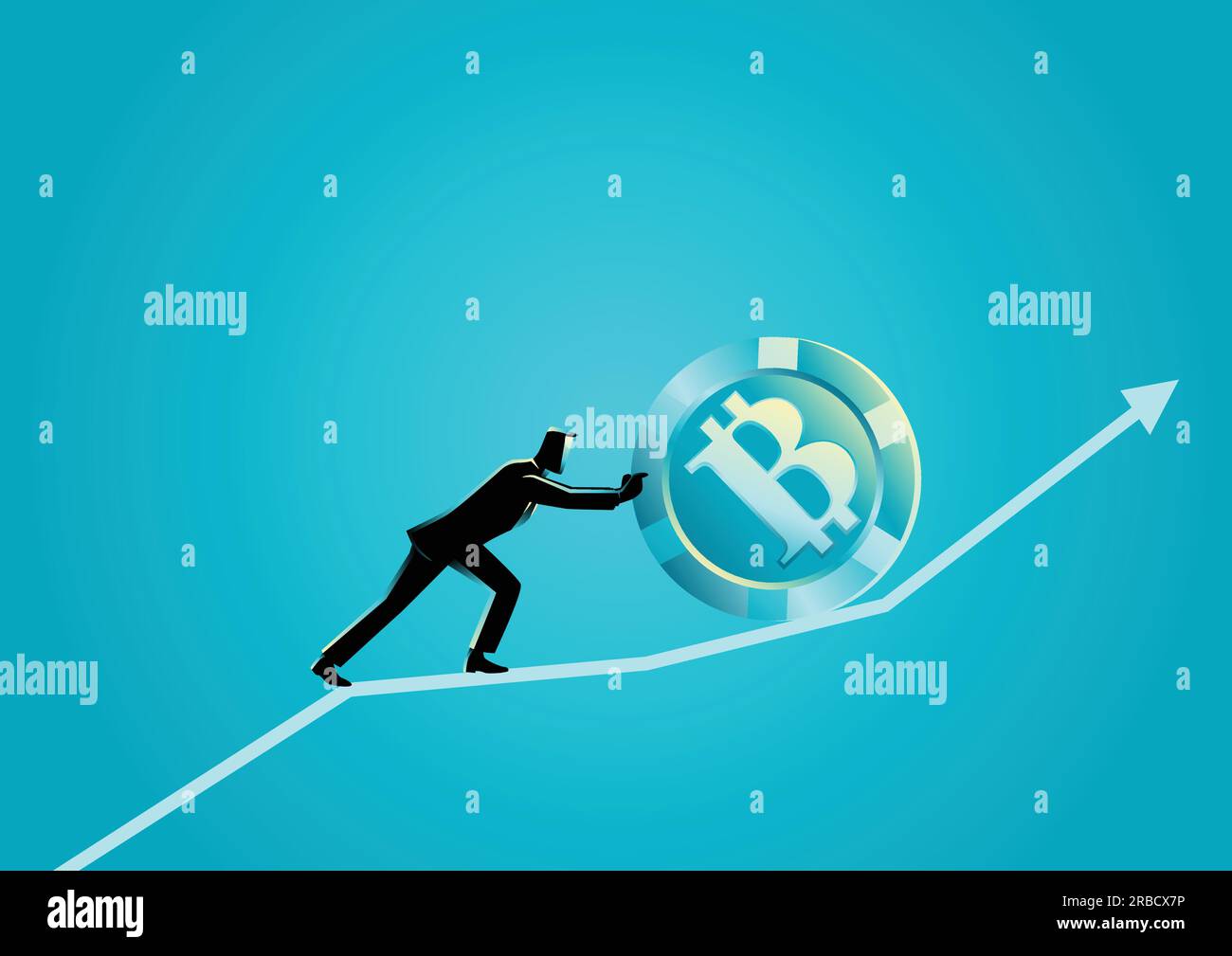 Business concept vector illustration of a businessman pushing a bitcoin ...