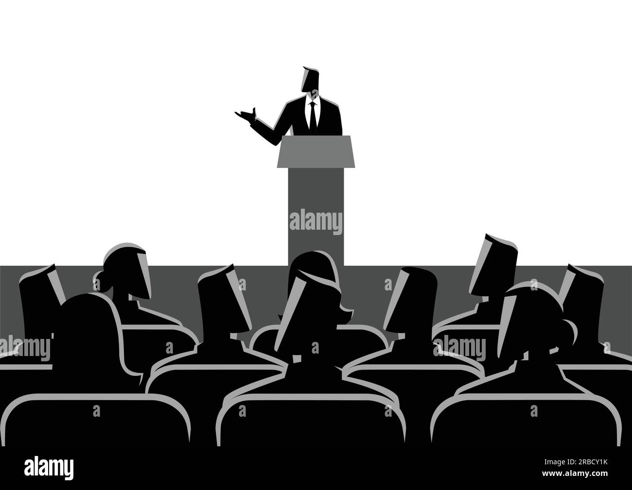 Business concept illustration of businessman giving a speech on stage. Audience, seminar ...
