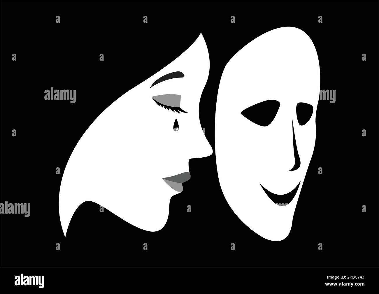 Concept illustration of a crying woman with a smiling mask in front of ...