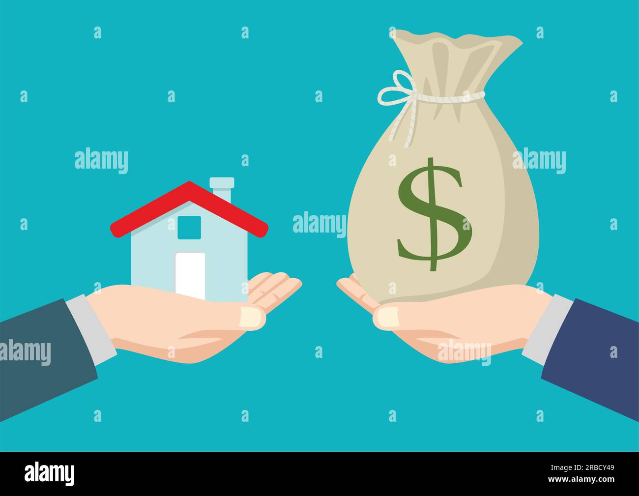 Vector illustration of real estate agent handover a house to a buyer ...