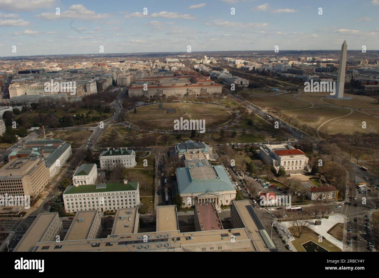 Aerial views of Main Interior, buildings and monuments in the vicinity ...