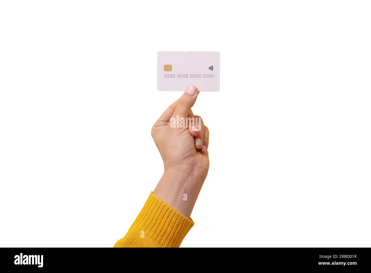 white credit card in female hand, card with electronic chip isolated on ...