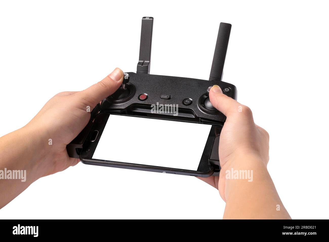 droning remote controller in hands, isolated on white background, with ...