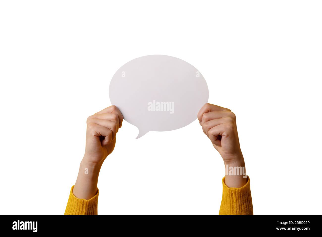 Dialogue icon, blank speech bubble in hand isolated on white background ...