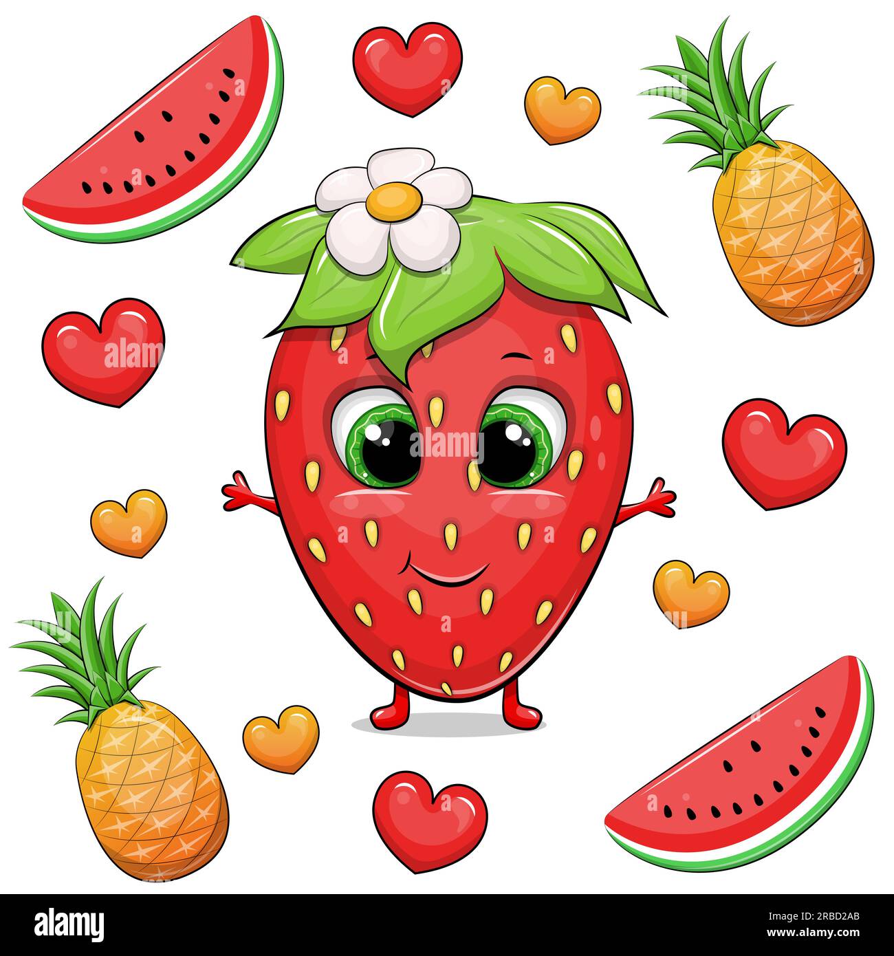 Cute cartoon strawberry with watermelon, pineapple and hearts. Summer ...