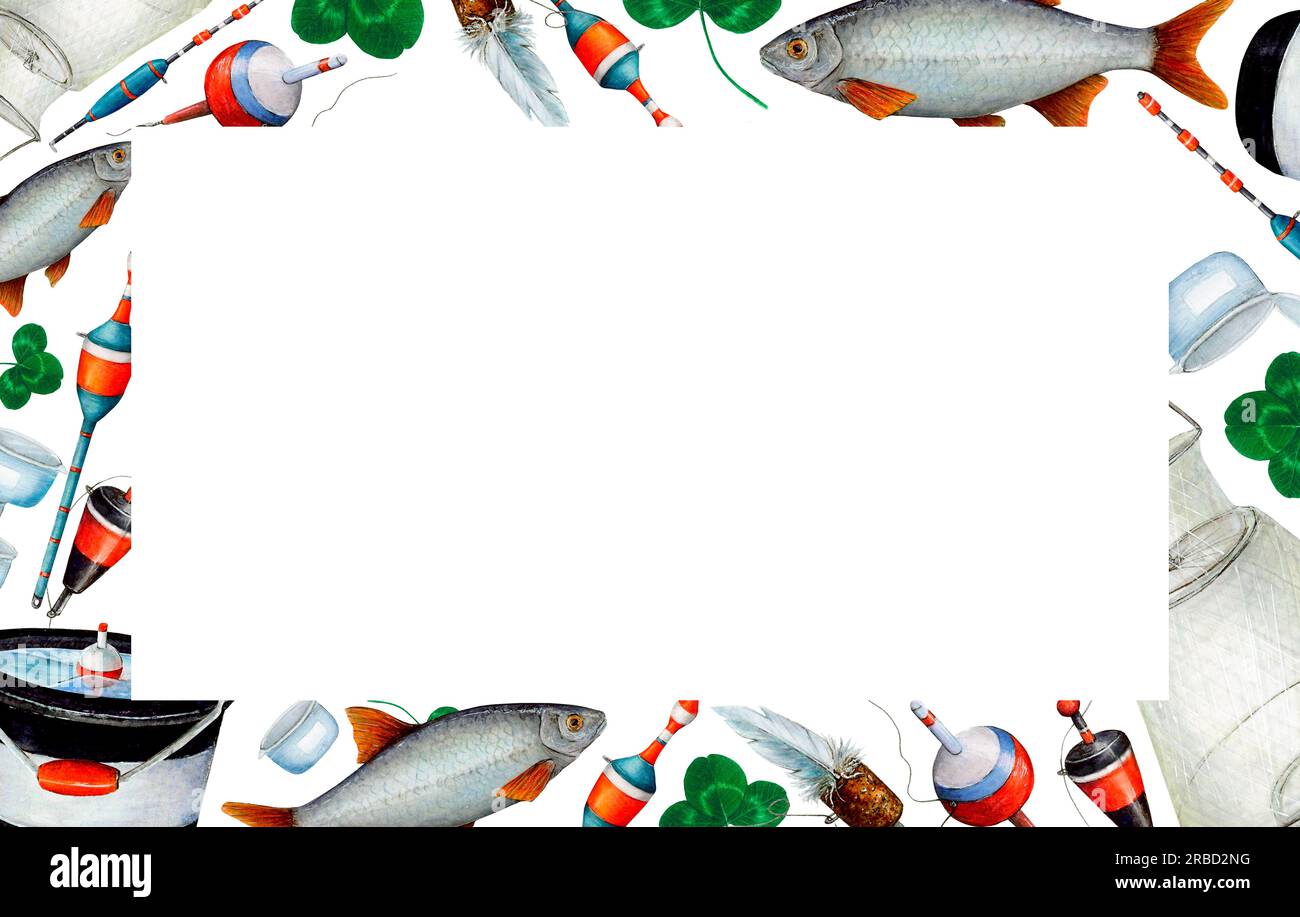 Watercolor drawing rectangle frame from various fishing bobblers, fish ...