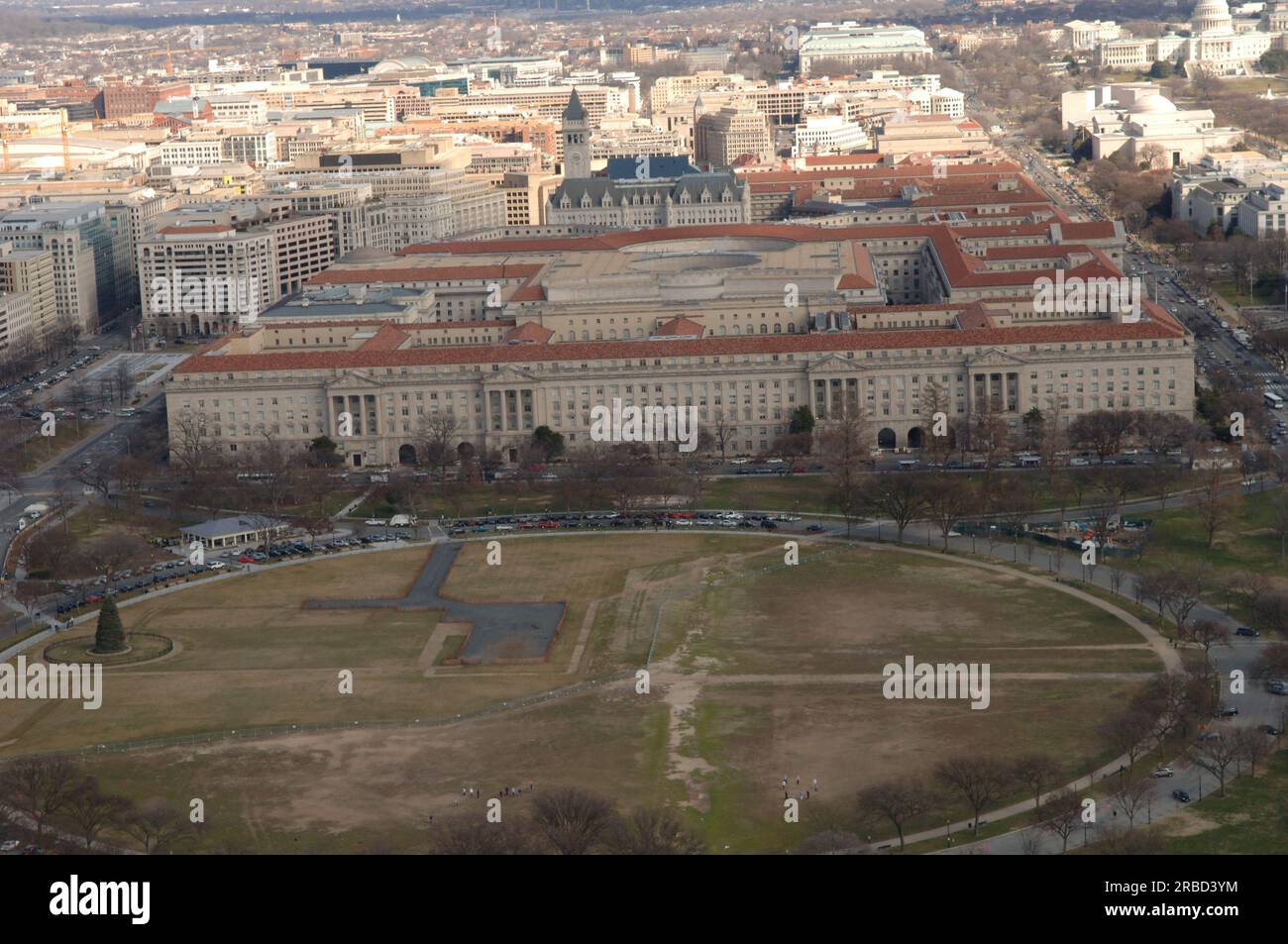 Aerial views of Main Interior, buildings and monuments in the vicinity ...