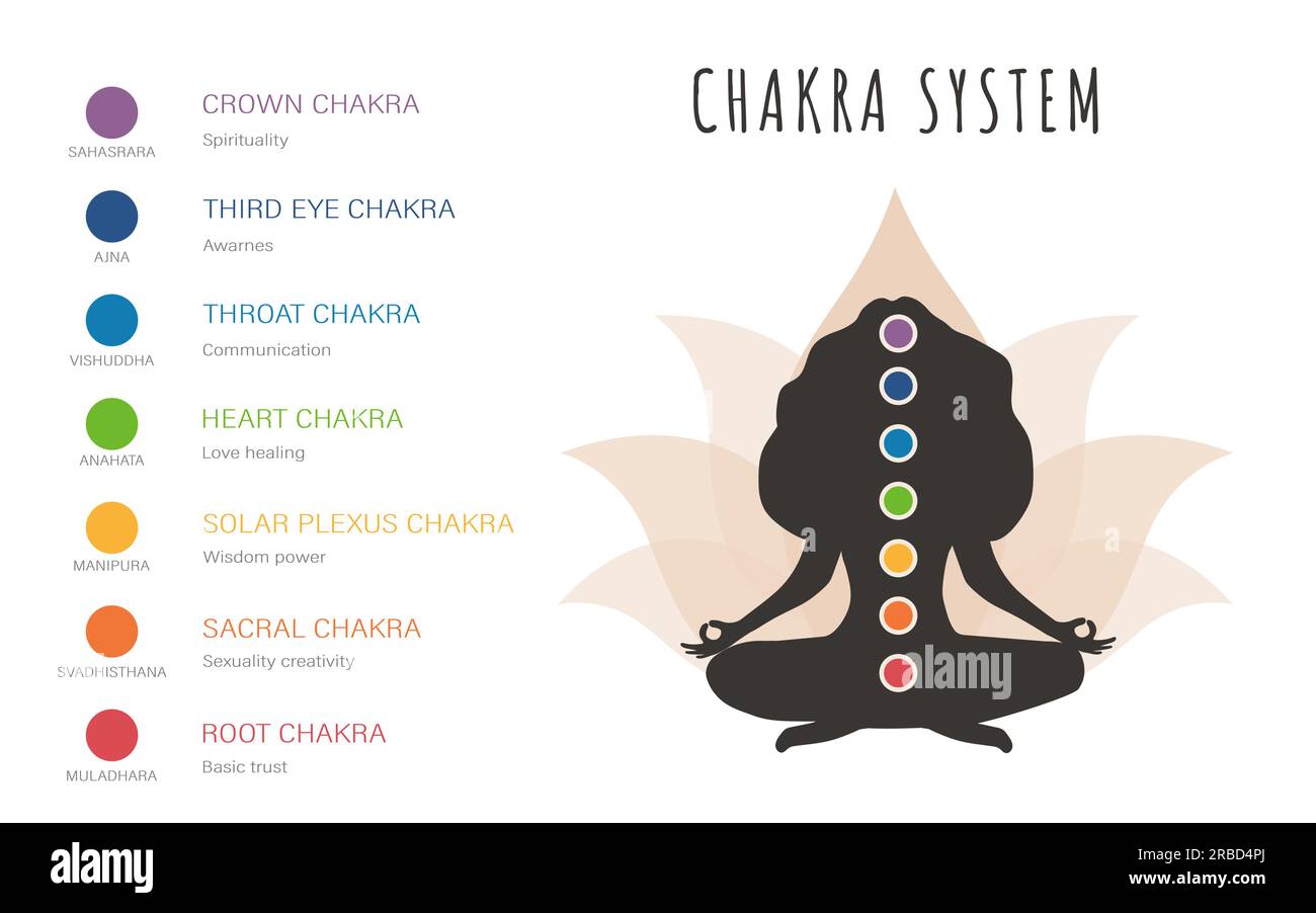 Colorful seven chakras system. Female silhouette meditating and ...