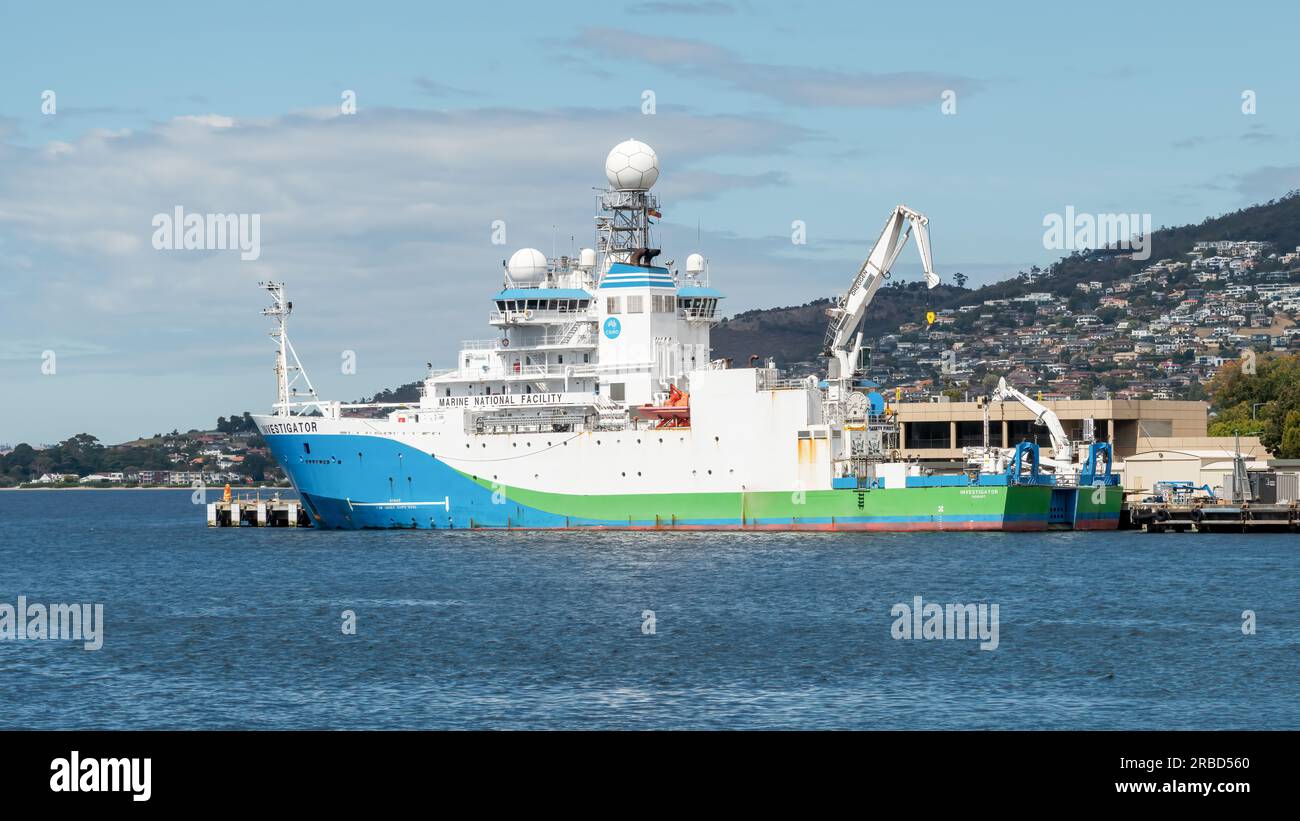 HOBART, TASMANIA, AUSTRALIA, March 15th 2023. RV Investigator is a 94 ...