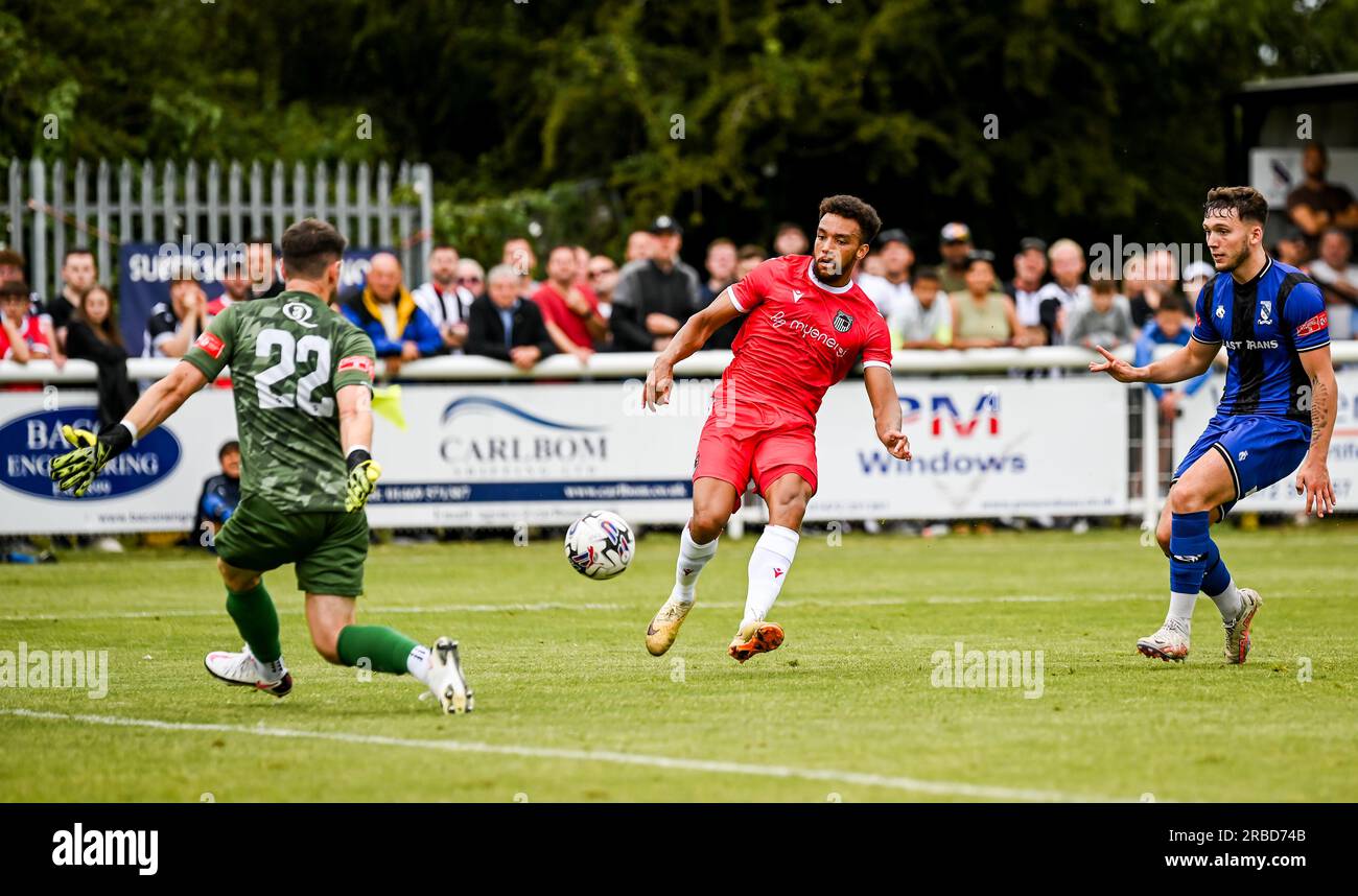 Cleethorpes UK, 8th July, 2023. Donovan Wilson scores his first goal ...