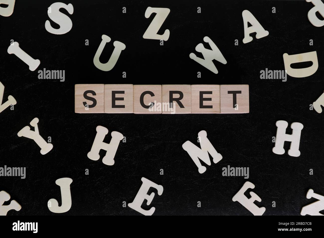 Dark secret concept. Word secret spelled in wooden blocks in dark black ...