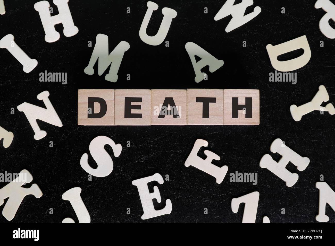 Death concept. Word death spelled in wooden blocks in dark black ...