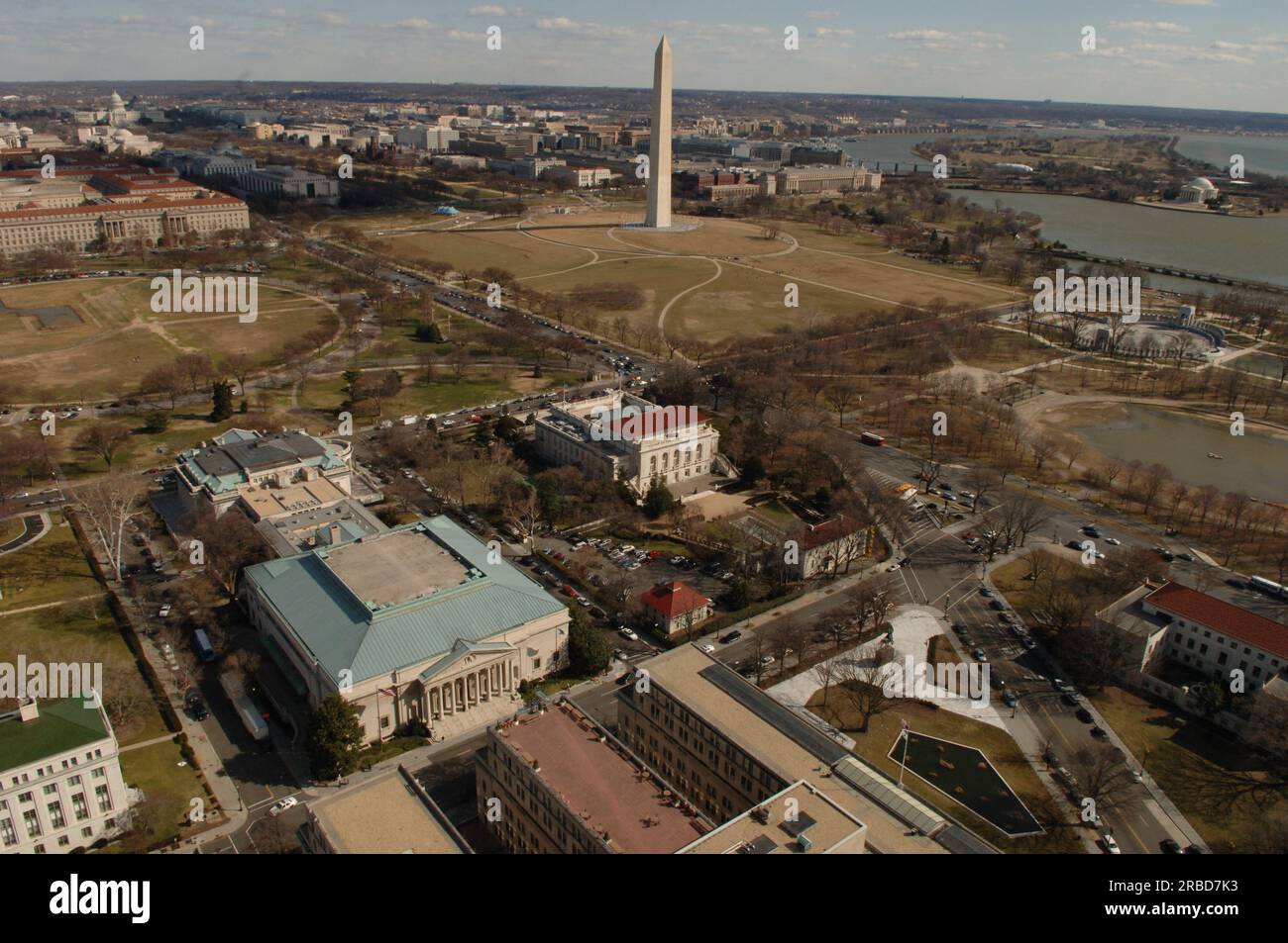 Aerial views of Main Interior, buildings and monuments in the vicinity ...