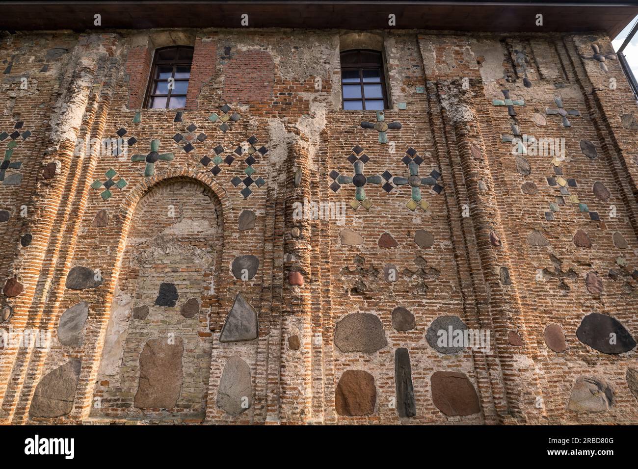 wall of an ancient orthodox church, monument of old brick russian ...