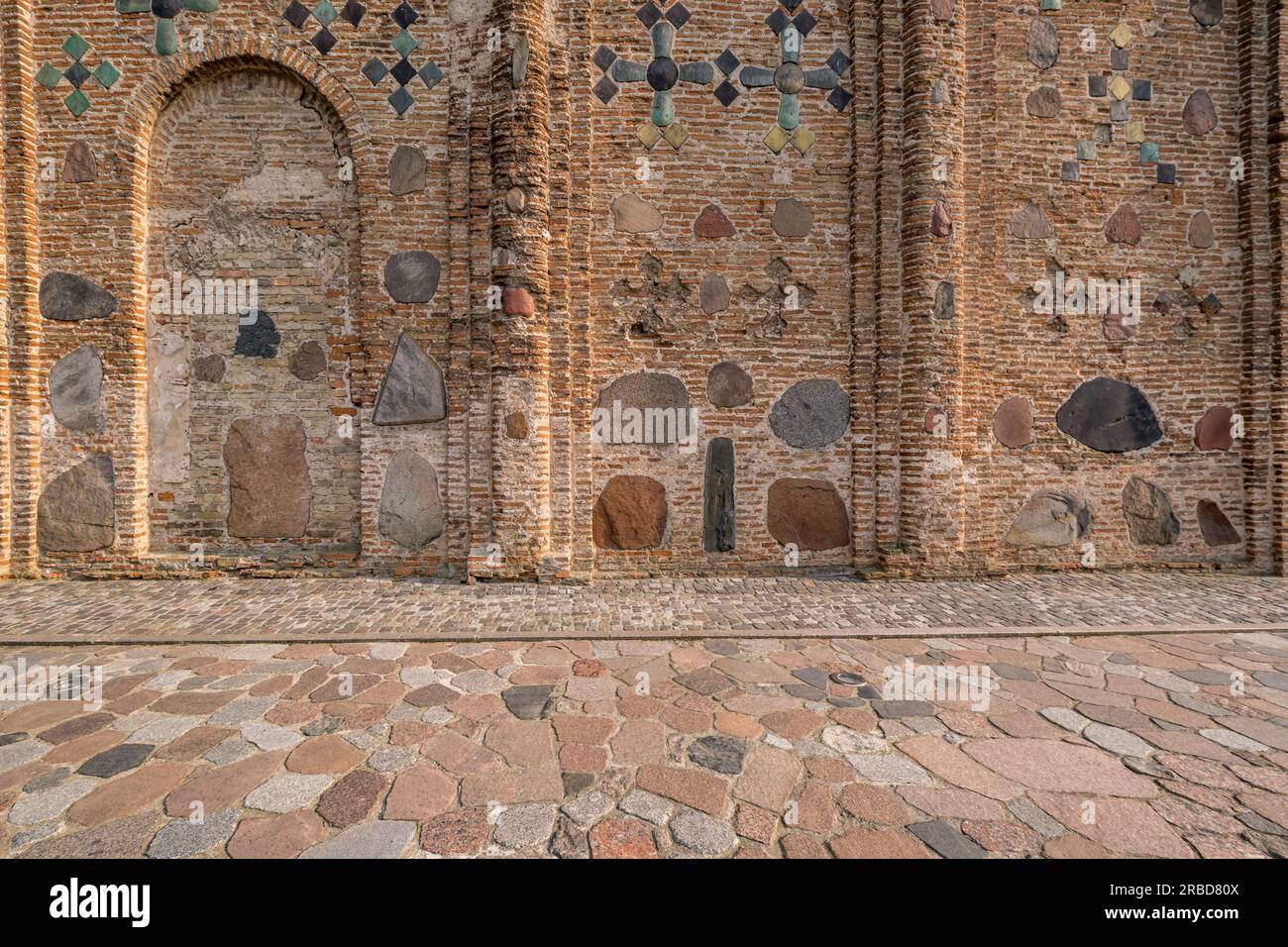 wall of an ancient orthodox church, monument of old brick russian ...