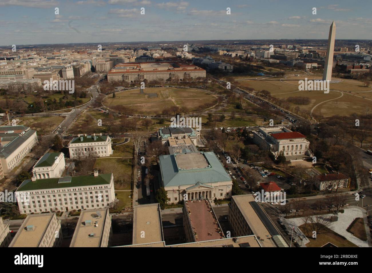 Aerial views of Main Interior, buildings and monuments in the vicinity ...